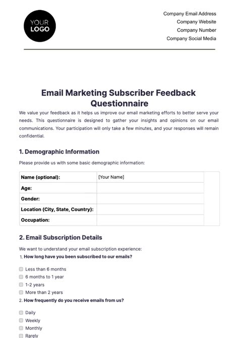 Free Email Marketing Subscriber Feedback Questionnaire Template To Edit Online
