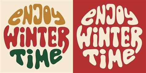 레트로 그루비 레터링 옐로우 레드 그린으로 겨울을 만끽하세요 빈티지 스타일 60 년대 70 년대의 라운드 슬로건 배경 포스터