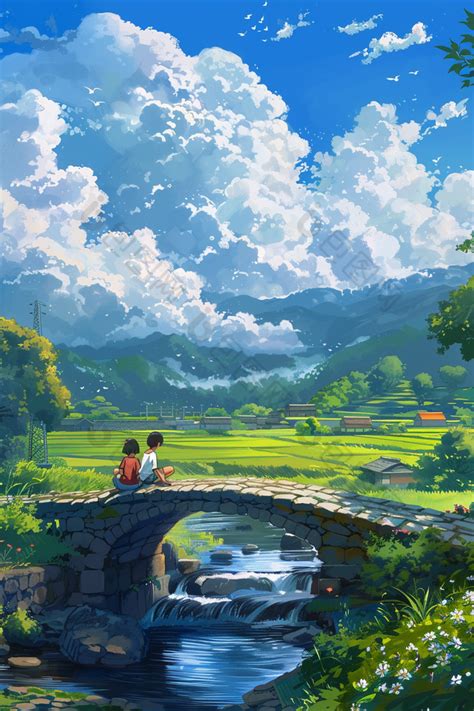 夏天孩子拱桥看风景宫崎骏高清图片下载 包图网