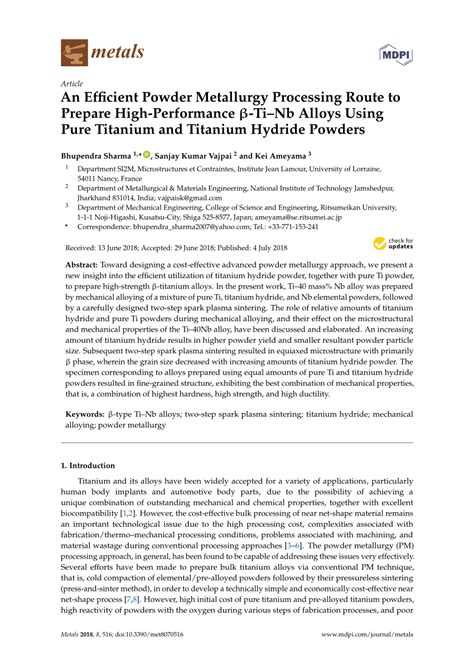 Pdf An Efficient Powder Metallurgy Processing Route To Prepare High Performance β Ti Nb Alloys