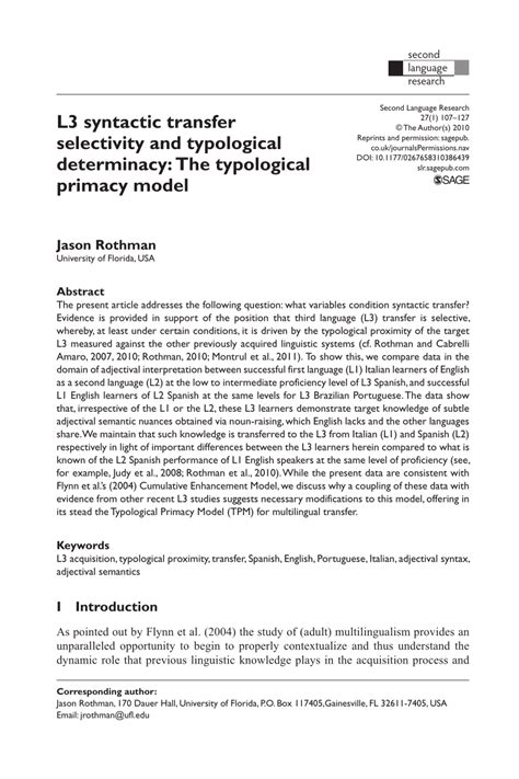 Pdf L3 Syntactic Transfer Selectivity And Typological Determinacy