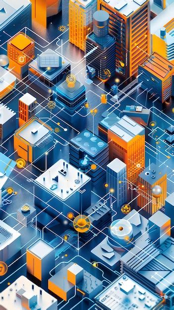 3d flat icon overhead view of company with digital transformation and tech overlay concept