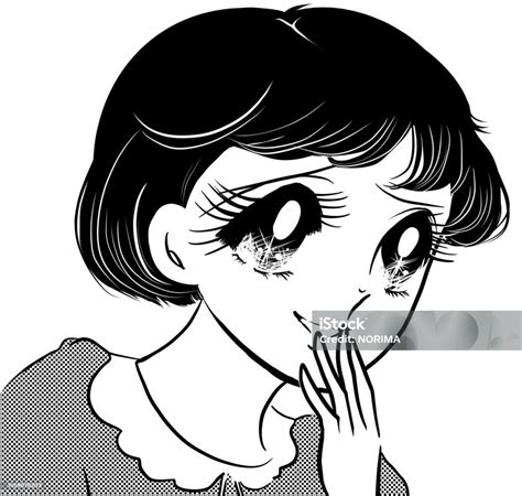 쇼와 복고풍 공포 70 년대 Shoujo 만화 검은 머리 소녀의 흑백 그림 무서운 가십과 어두운 구름 배경을 속삭이는 만화