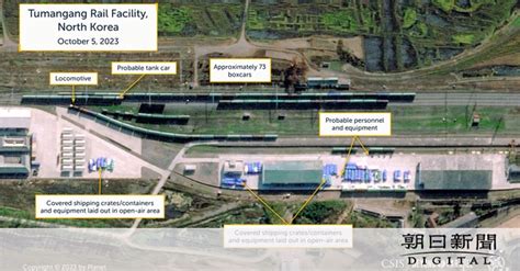 北朝鮮がロシアへ武器輸送か 国境に大量の貨物車両、衛星写真で確認：朝日新聞