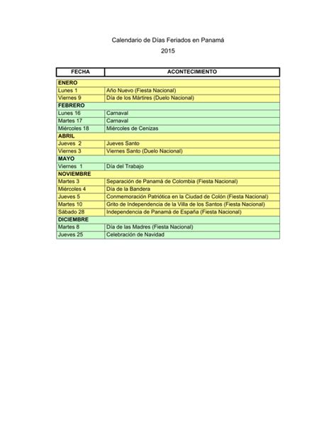 Calendario De D As Feriados En Panam