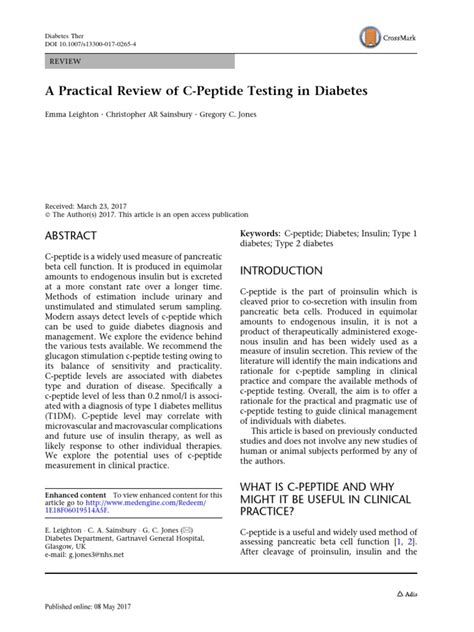 A Practical Review Of C Peptide Testing In Diabetes Pdf Diabetes