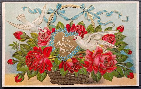 Vintage Victorian Postcard 1907 1915 Best Birthday Wishes Basket Of