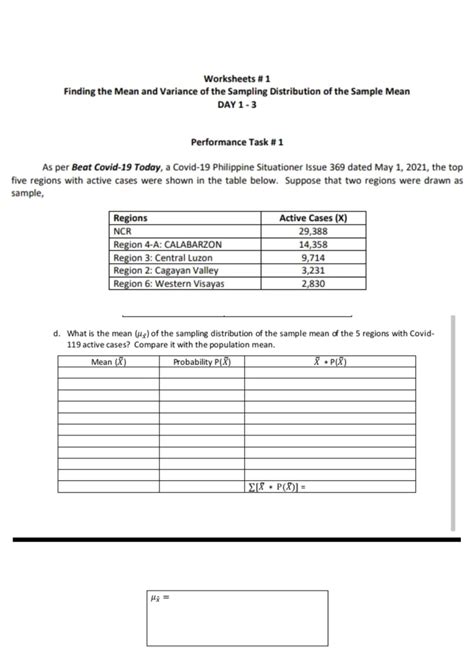 Solved Worksheets 1 Finding The Mean And Variance Of The Sampling Distribution Of The Sample