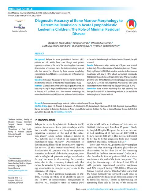 Diagnostic Accuracy Of Bone Marrow Morphology To Determine Remission In Acute Lymphoblastic