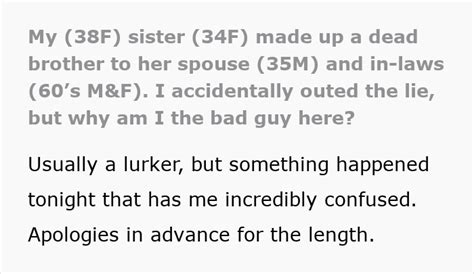 34yo Makes Up Dead Bro To Her Spouse Elder Sis Outs The Lie Gets Treated Like The Bad Guy