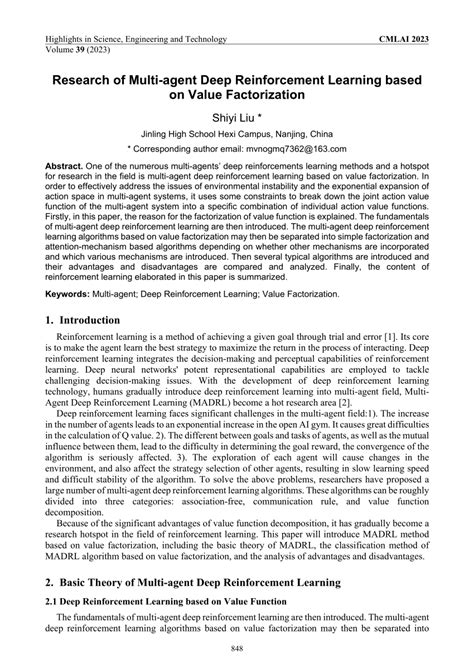 pdf research of multi agent deep reinforcement learning based on