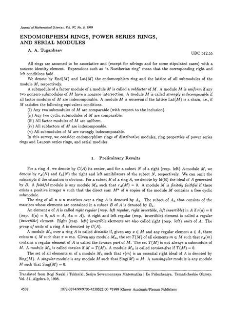Pdf Endomorphism Rings Power Series Rings And Serial Modules