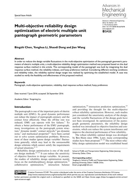 Pdf Multi Objective Reliability Design Optimization Of Electric Multiple Unit Pantograph