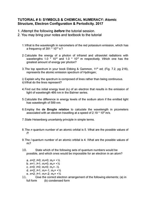 Tutorial 5 Symbols And Chemical Numeracy Atomic Structure Electron Configuration Periodicity