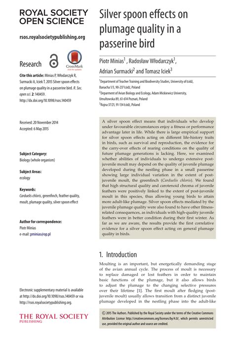 Pdf Silver Spoon Effects On Plumage Quality In A Passerine Bird