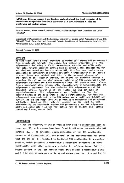 Pdf Calf Thymus Dna Polymerase δ Purification Biochemical And