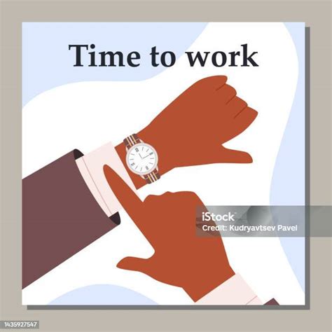 마네 손에 손목 시계 비문 작업 시간 포스터 템플릿 플랫 벡터 일러스트레이션 개념에 대한 스톡 벡터 아트 및 기타 이미지