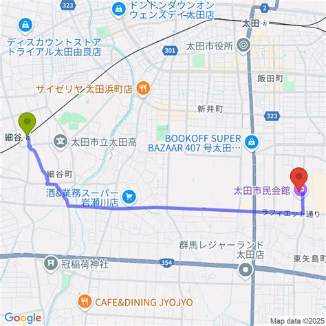 細谷駅から太田市民会館へのルートマップ MDATA