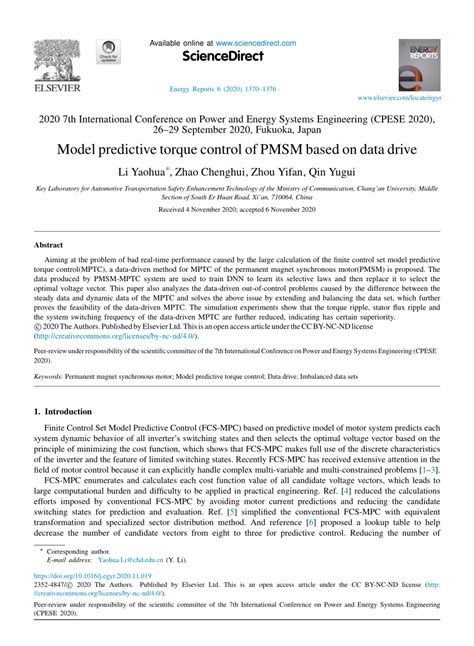 Pdf Model Predictive Torque Control Of Pmsm Based On Data Drive