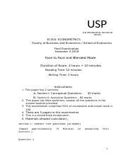 EC Exam Docx USP THE UNIVERSIIX OF THE SOUTH PACIFIC EC ECONOMETRICS Faculty Of