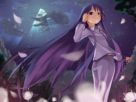 Papel de parede ilustração noite Anime Pétalas Hanbun no Tsuki ga Noboru Sora menina