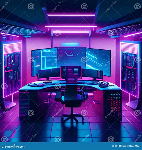 3d Rendering Of A Cyber Space Room With Computer Monitors And Screens Generative Ai Stock