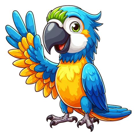 색 배경에 고립 된 사랑스러운 서있는 마카우 흔들기 만화 ⁇ 터 프리미엄 벡터