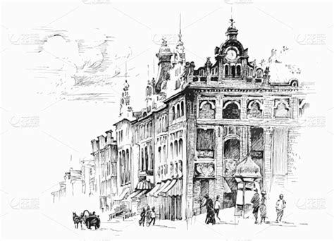 房屋水彩画都市风景欧洲商务建筑外部全景图像建筑业涂料素材 花瓣网