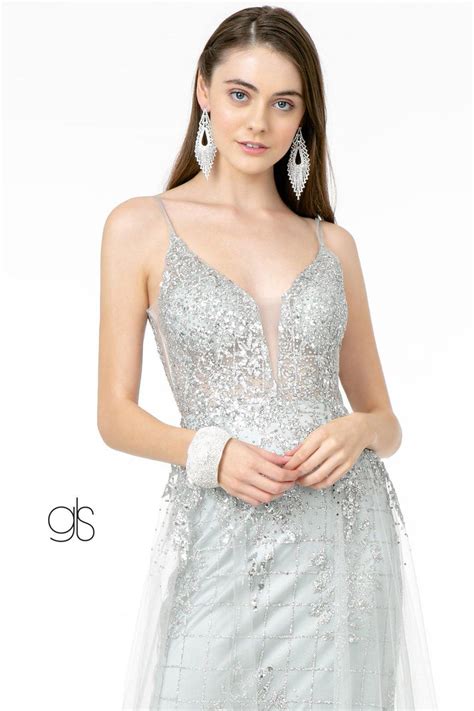 Silver Glitter Mesh Illusion Deep V Neck Dress W Open Back For 15899
