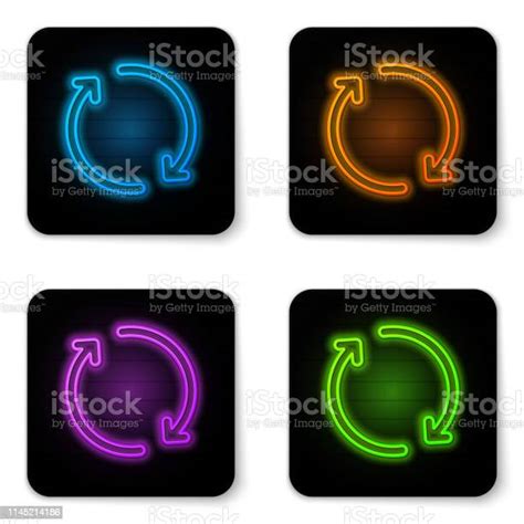 빛나는 네온 새로 고침 아이콘 흰색 배경에 고립입니다 기호 다시 로드 동그라미 기호에 있는 회전 화살표 검은색 사각형 단추입니다 벡터 일러스트 개념에 대한 스톡 벡터 아트