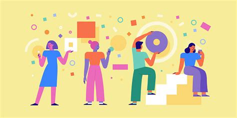 간단한 플랫 스타일의 벡터 일러스트레이션 팀워크 및 개발 개념 추상적 인 기하학적 모양을 들고있는 사람들 개념에 대한 스톡 벡터