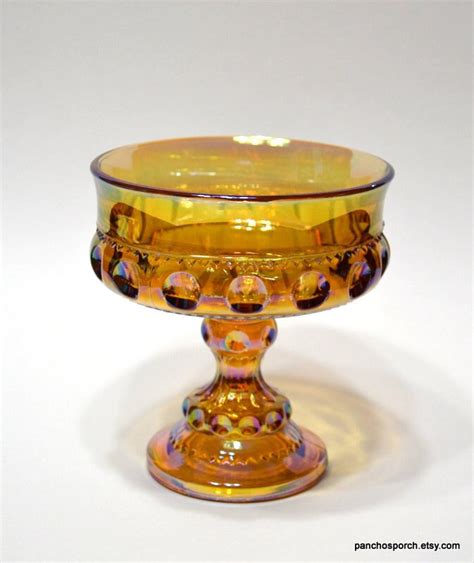 Vintage Amber Carnival Glass Candy Dish Kings Crown Pedestal Compote