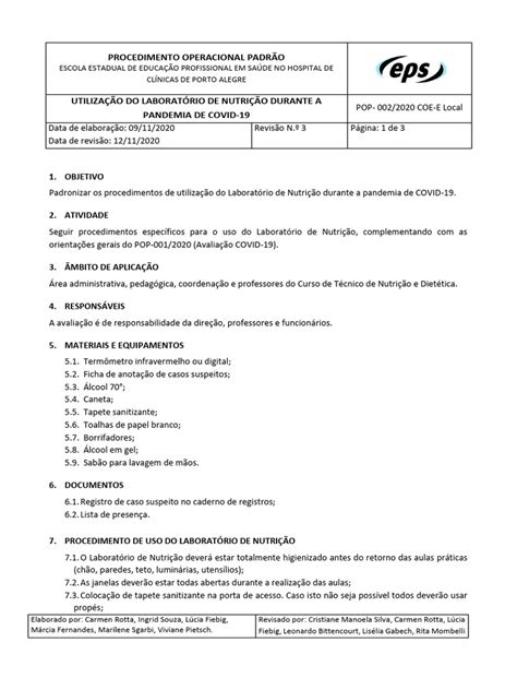 Pop 02 Coe E Local Utiliza O Do Laborat Rio De Nutri O Durante A