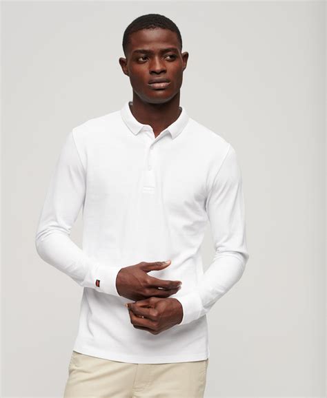 Mens Long Sleeve Cotton Pique Polo Shirt In Optic Superdry Uk