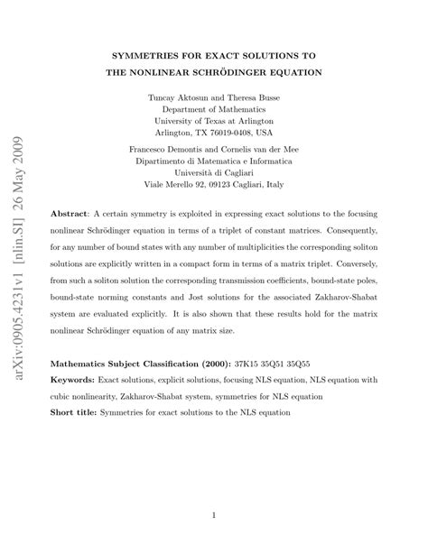 Pdf Symmetries For Exact Solutions To The Nonlinear Schrödinger Equation