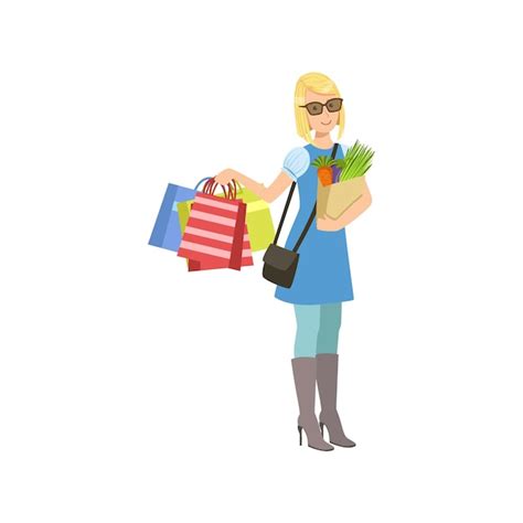 Fille Avec Des Sacs En Papier Dans Un Centre Commercial Vecteur Premium