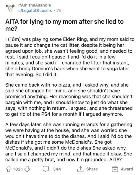 Aita For Lying To My Mom After She Lied To Me Rtwohottakes