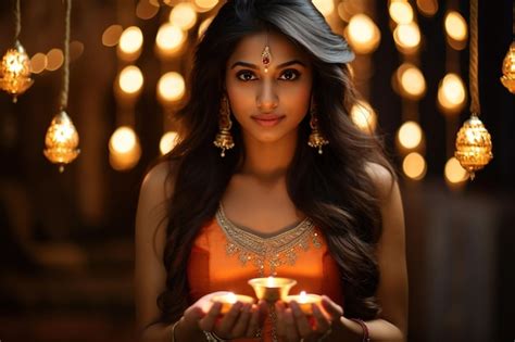 Premium Ai Image Women In Indian Tradition Dresss Holding Diya In Her