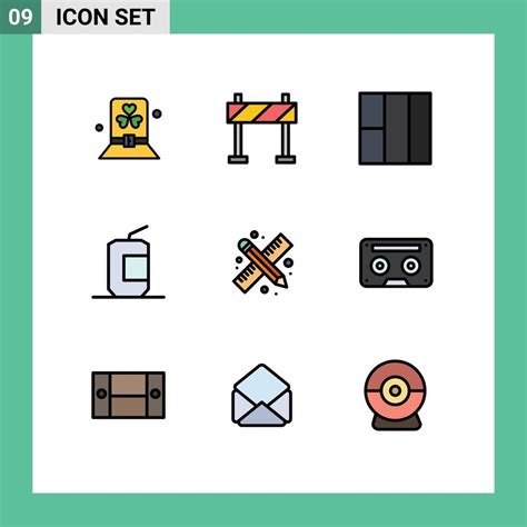 Mobile Interface Filledline Flat Color Set Of 9 Pictograms Of Pencil And Ruler Back To School