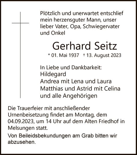 Traueranzeigen Von Gerhard Seitz Trauer HNA De