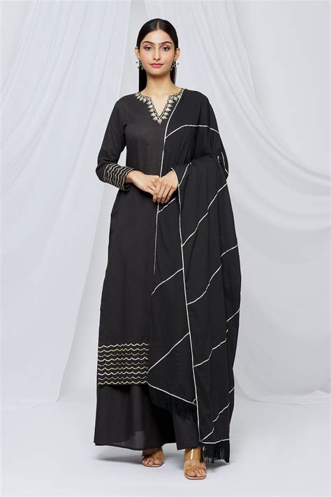 Buy Black Mul Embroidery Sequin Notched Kurta Sharara Set For Women By