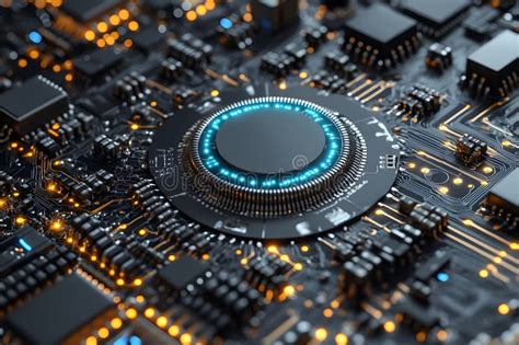 Advanced Technology Circuit Board With Glowing Microprocessor For