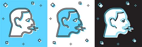 파란색과 흰색 검은 색 배경에 격리 된 남자 기침 아이콘을 설정합니다 바이러스 감염 인플루엔자 독감 감기 증상 결핵 유행성 이하선염 백일해 벡터 가공의 인물에 대한 스톡