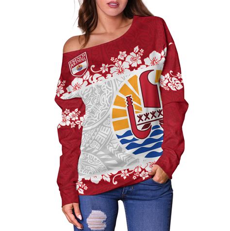 French Polynesia Off Shoulder Sweatshirt Seal With Plumeria Flowers