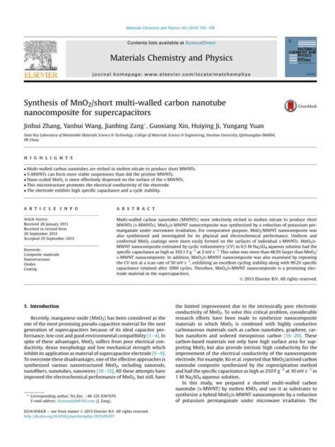 Pdf Synthesis Of Mno2 Short Multi Walled Carbon Nanotube
