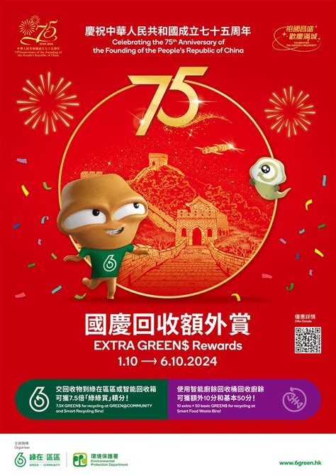 綠在西貢sai 🎊中華人民共和國成立75周年 —「國慶回收額外賞」慶祝活動 🎊 為慶祝中華人民共和國成立75周年，環保署推出「國慶回收額外