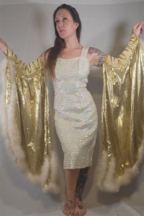 Vintage Showgirl Costume Golden Winged Sleeves Feathe Gem