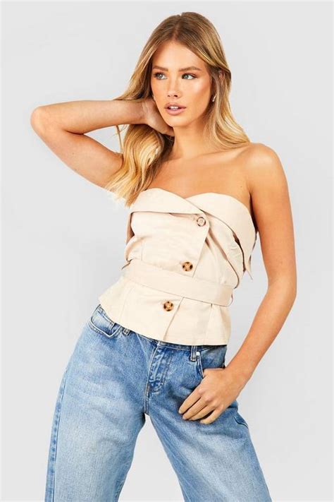 Womens Stone Button Tie Detail Corset Top Boohoo Uk