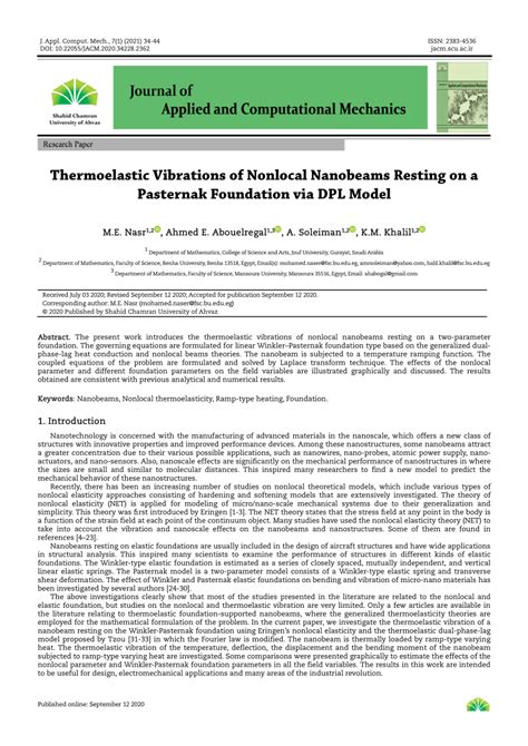 Pdf Thermoelastic Vibrations Of Nonlocal Nanobeams Resting On A