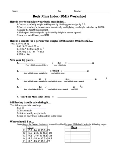 Body Mass Index Bmi Worksheet Download Printable Pdf Templateroller Images